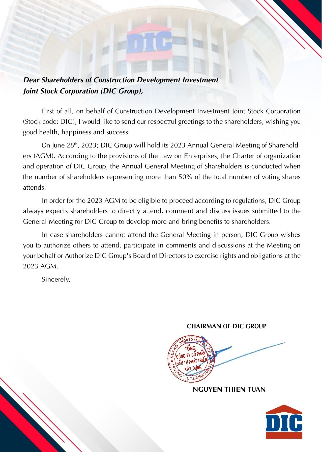 LETTER TO SHAREHOLDERS FOR ATTENDING DIG AGM 2023 | DIC